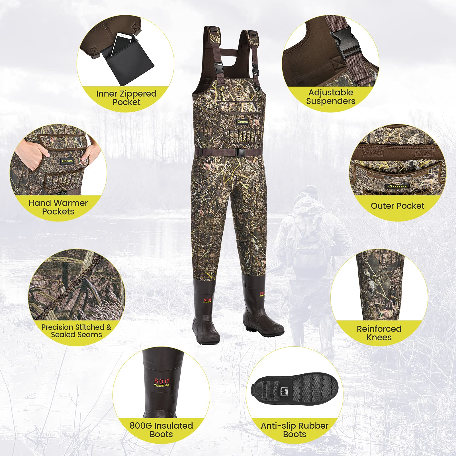 Gonex Neoprene Hunting Waders | Chest Waders with 800G Insulated Boots