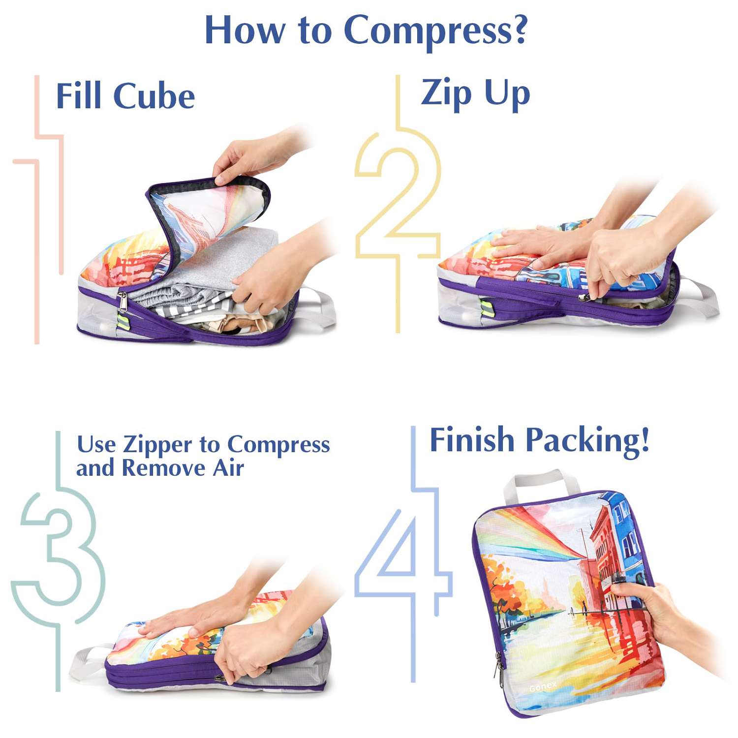 Rainbow Compression Packing Cubes, Travel Organizer with Double Zipper ...